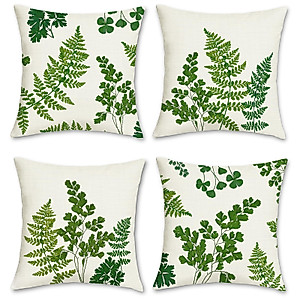 Bonhause Green Leaves Fern Throw Pillow Covers 18x18 Set of 4 Spring Summer Botanical Foliage Decorative Throw Pillow Cases Linen for Sofa Garden Couch Home Decor