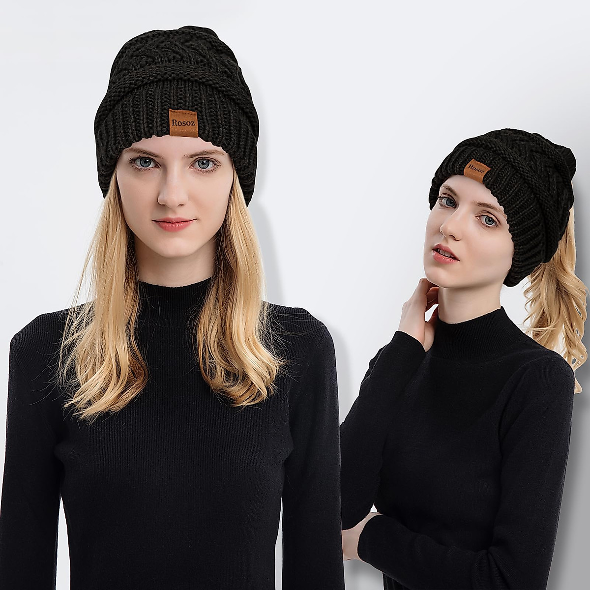 Rosoz 1&2 Packs Ponytail Beanie for Women,Winter Warm Beanie Tail Soft Stretch Cable Knit Messy High Bun Hat