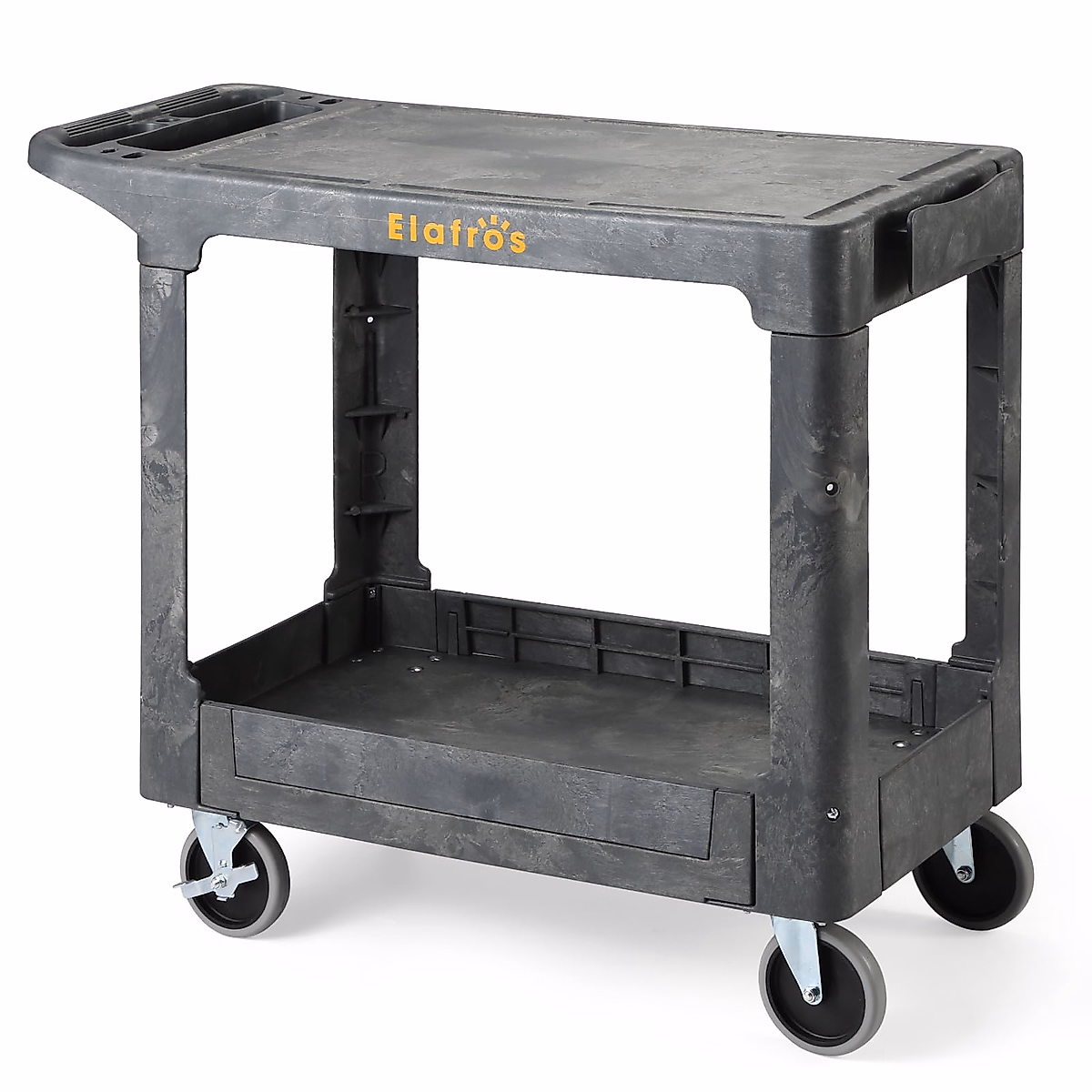 ELAFROS Heavy Duty Plastic Utility Cart Flat top 37 x 18.8 Inch - Work Cart Flat Shelves and Full Swivel Wheels Safely Holds up to 550 lbs - 2 Tier Service Cart for Warehouse,Garage, Cleaning Gray