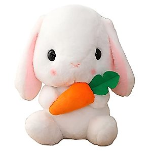 HOUPU Soft Toy - Sitting Lop Eared Rabbit, Easter White Rabbit Stuffed Bunny Animal with Carrot Soft Lovely Realistic Long-Eared Standing Pink Plush Toys (White-Carrot,8.6in/22cm)