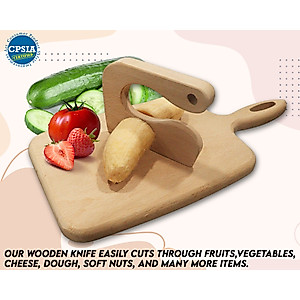 Wooden Kids Chopper Set Cutting Board and Safe Wooden Kids Knife Natural Thick Montessori Knife for Kids Toddlers Kitchen Tools Vegetable and Fruit Cutter Cooking 2Pcs