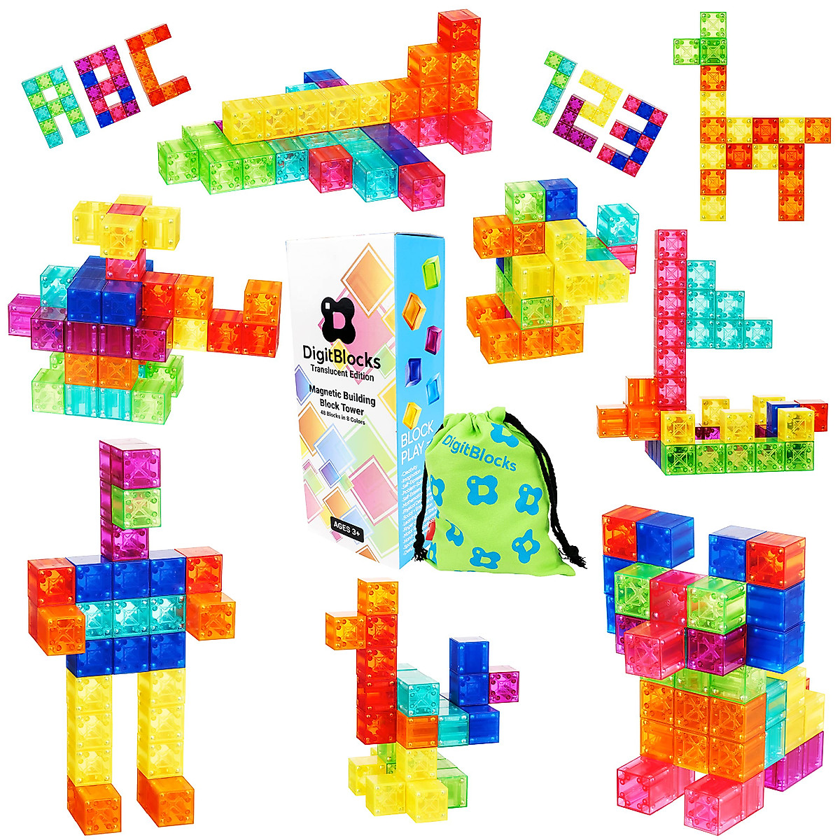 BrainSpark 48PCS Digit Blocks Translucent Magnetic Building Blocks, Montessori Clear Magnet Cubes for Boys Girls Stacking Block Sets Ages 3-9