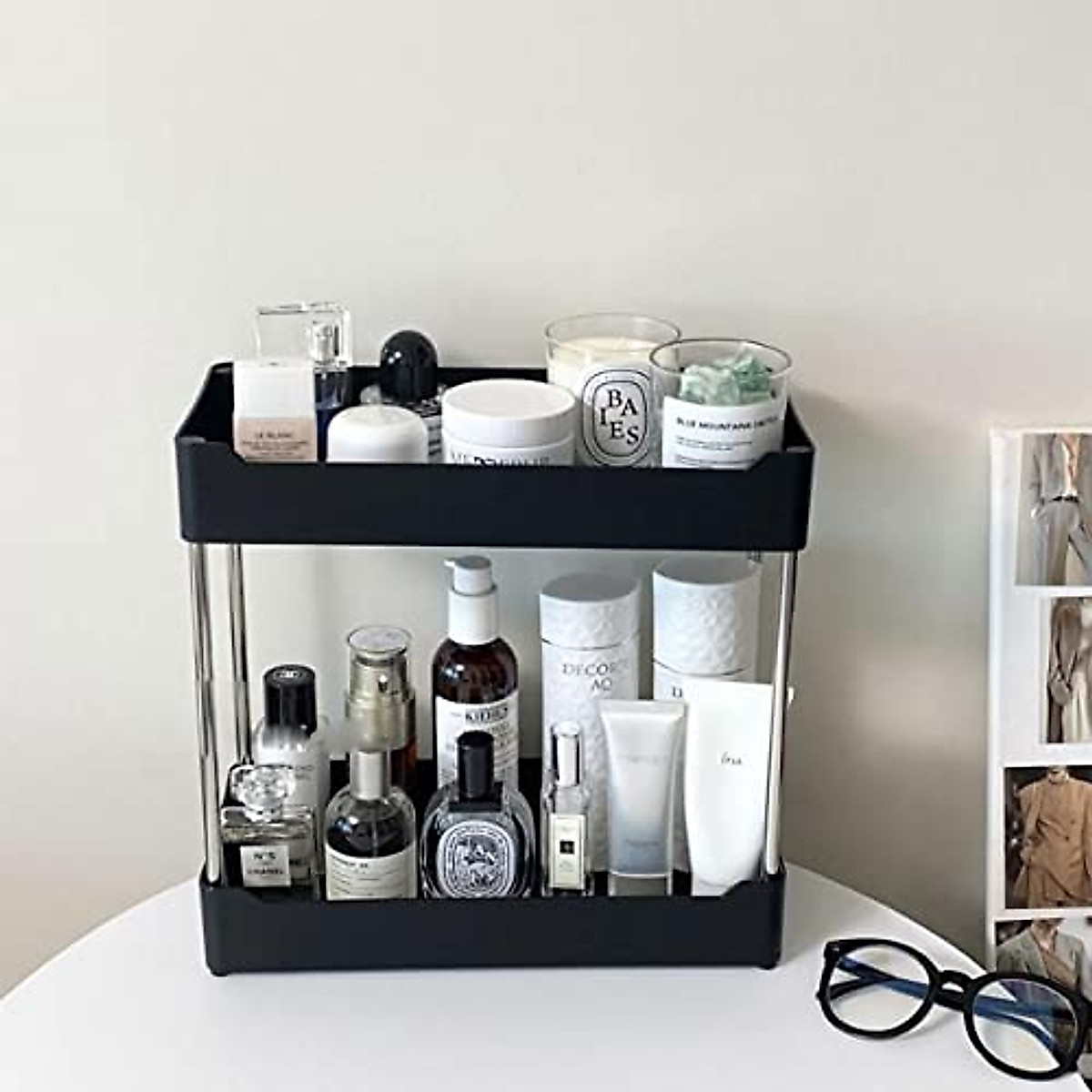 FIZZOQI Two Layers of Black Storage Shelf Display Rack Multifunctional Kitchen Finishing Rack Minimalist Desktop Rack Dormitory Makeup Finishing Rack