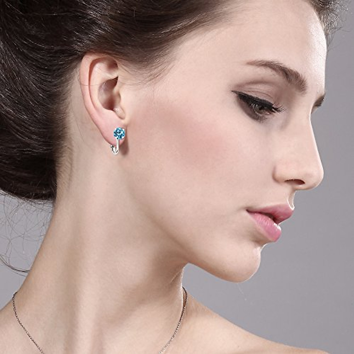 Gem Stone King 925 Sterling Silver Swiss Blue Topaz Clip On Earrings For Women (2.00 Cttw, Gemstone Birthstone, Round 6MM)