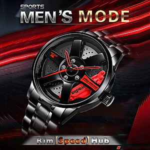 BOYADKA Car Wheel Watch, Stainless Steel Watch with Japanese Quartz Movement, Waterproof Sports Wrist Watch with Car Rim Hub Design for Men/Car Enthusiast (Red)