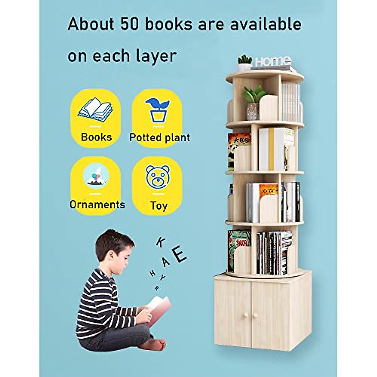 MYOYAY 4-Tier Solid Wood Bookshelf Floor Standing Bookcase 360° Rotation Book Storage Cabinet Magazines Potted Plants Display Stand Holds Up to 200 Books Study Office Home Decoration