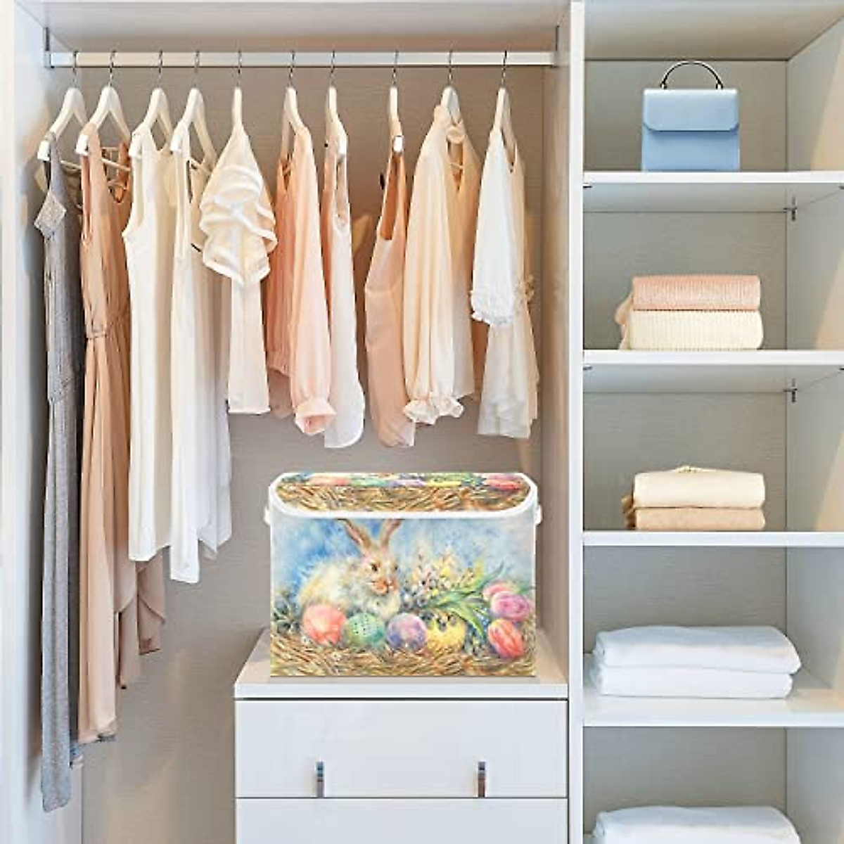 Kigai Easter Egg Storage Basket with Lid Collapsible Storage Bin Fabric Box Closet Organizer for Home Bedroom Office 1 Pack