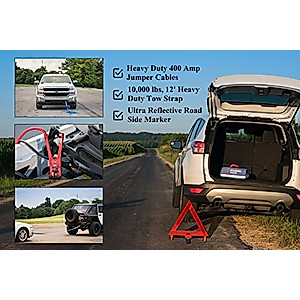 Roadside Emergency Assistance Kit - Packed 110 Premium Pieces & Rugged Bag - Car, Truck & RV Kit with Heavy Duty Jumper Cables • Heavy Duty Tow Strap • Safety Triangle • First Aid & more