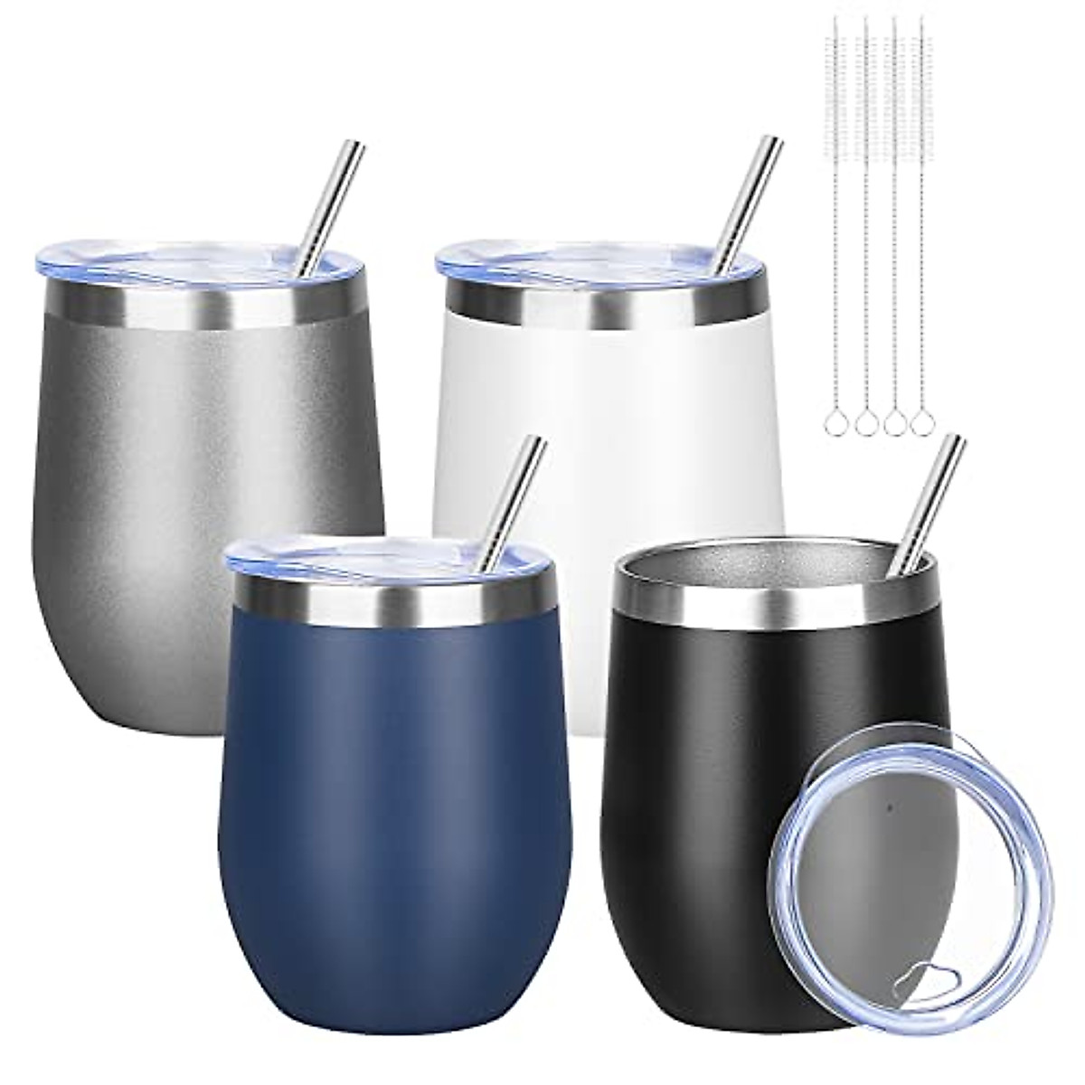 YEBTS Life 12oz/4 Pack Wine Tumbler Glasses with Lid-Stemless Double Wall Vacuum Stainless Steel Travel Tumbler,Keeping Cold and Hot for Wine,Drinks,Coffee,Cocktails,gift,Multi-color dark