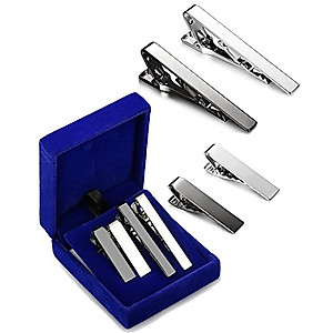 LOYALLOOK 2pcs 2.15Inch Mens Tie Bar Pinch Clip Set for Regular Ties and 2pcs 1.5Inch Skinny Tie Clip with Gift Box Silver Black Tone Pack