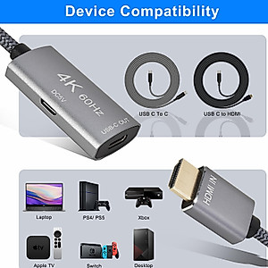 HDMI Male to USB-C Female Cable Adapter with USB C Power Cable,Uni-Directional HDMI (source) to Type C 3.1 (display) Converter,4K 60Hz Thunderbolt 3 Adapter for MacBook Pro,Microsoft Surface,Xreal Air