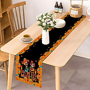 Mexican Day of The Dead Table Runner Mexico Dia De Los Muertos Sugar Skull Table Cover Dining Room Kitchen Home Indoor Outdoor Holiday Party Table Decoration (13" x 72")