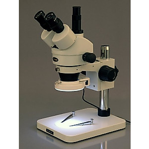 AmScope SM-1TSZZ-144S-10M Digital Professional Trinocular Stereo Zoom Microscope, WH10x and WH20x Eyepieces, 3.5X-180X Magnification, 0.7X-4.5X Zoom Objective, 144-Bulb LED Ring Light, Pillar Stand, 110V-240V, Includes 0.5X and 2.0X Barlow Lenses and 10MP