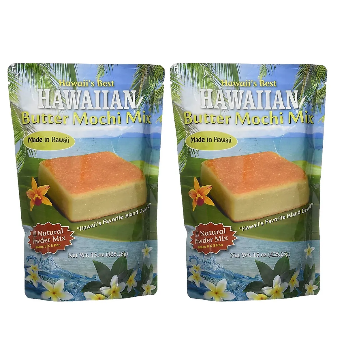 Hawaii's Best Butter Mochi Two Pack (15 oz each) - Easy to Make Traditional Hawaiian Style Butter Mochi Cake Mix - Gluten Free Dessert Mix - Two Pack Mochi Mix