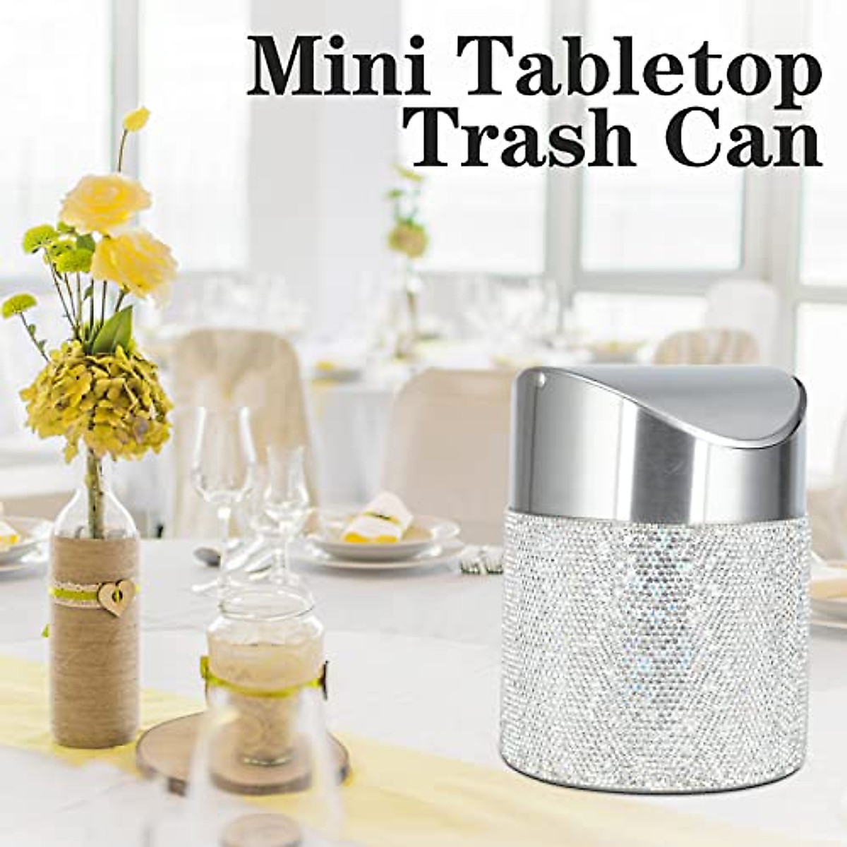 KEYPOWER Bling Rhinestone Mini Trash Can Tiny Waste Can with Swing Lid Stainless Steel,Suitable for Countertop,Car,Table Desk(White)