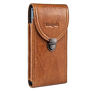 Hengwin Genuine Leather Vertical Cell Phone Holster Samsung Galaxy A72 A52 A12 A32 S21+ S22 Ultra Note 20 Ultra Moto One 5G LG Stylo 6 OnePlus Nord N10 Belt Case Pouch with Belt Clip Loop Holder Brown