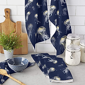 Chees D Zone Kitchen Towels Cotton Dish Towel,Ocean Jellyfish Sea Monster on Navy Blue Soft Dishcloth Absorbent Tea Towel,Marine Life Seamless Reusable Washable Hand Towels 2 Pack