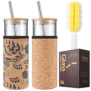20oz Glass Tumbler with Bamboo Lid and Straw, Wide Mouth Water Tumbler with Protective Sleeve, Drinking Cups, Drinking Jars, Claplante Iced Coffee Cup, Spill Proof Glass Water Bottle, Glass Cup