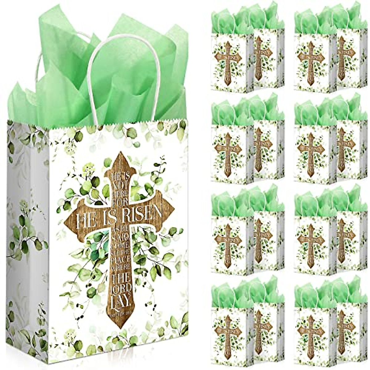 16 Pack Easter Gift Bags with Tissue Handles Easter Goodie Bag Easter Paper Tote Bag He Is Risen Cross Sign Easter Party Treat Bags for Egg Hunts Candy Treat Gifts Supplies