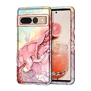 Btscase Case, Marble Pattern 3 in 1 Heavy Duty Shockproof Full Body Rugged Hard PC+Soft Silicone Drop Protective Women Girl Covers for Google Pixel 7 Pro (2022), Rose Gold