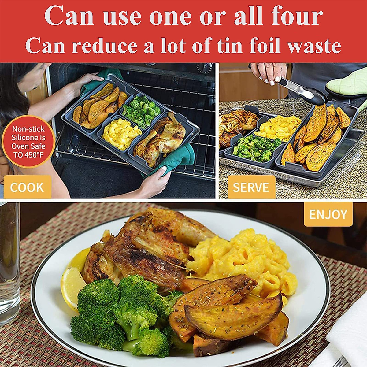 Nonstick Bakeware Set Cake Silicone Sheet Pan, Premium Baking Pan Dividers Non Stick Silicone Sheet Pan Set Suitable for Oven, Air Fryer to Simplify Cooking, Safe to Use and Easy to Clean (4 Dividers)