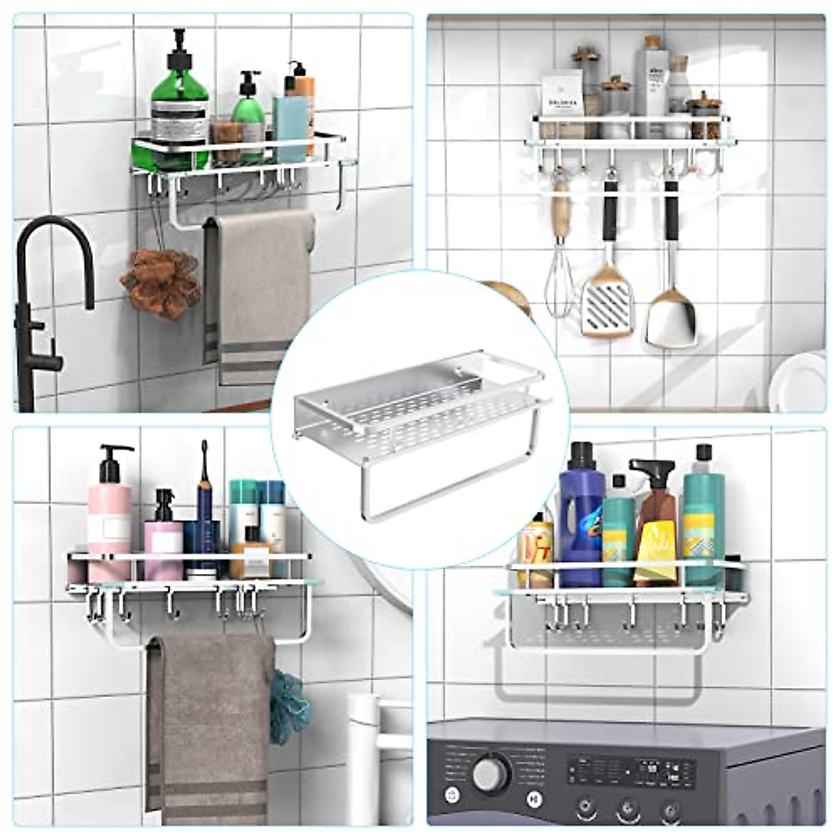 Shower Caddy Bathroom Shower Organizer No Drilling Install with 8 Hooks and Towel Rail Shower Shelf for Inside Shower,Detachable Wall Mounted Shower Shelves for Dorm Bathroom Toilet Kitchen Storage