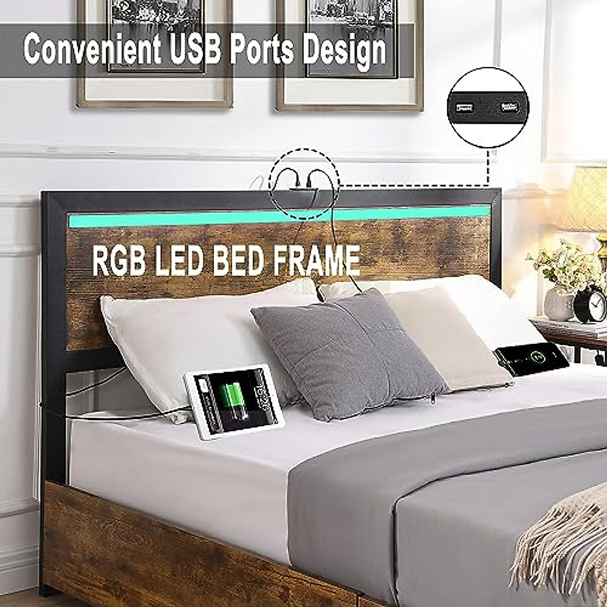 Ailisite Queen Size Bed Frame with Storage Drawers and 2 USB Ports, LED Queen Bed Frame with Headboard, Metal Platform Bed No Noise, Mattress Foundation Strong Metal Slats Support No Box Spring Needed
