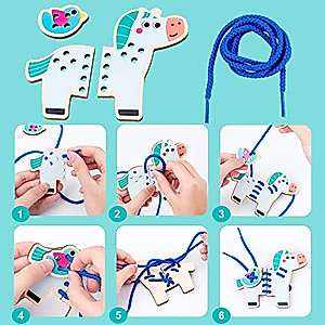 Promise Babe 5 Pack Animals Lacing Cards Wooden Puzzle Threading Toys Montessori Sewing Cards for Toddler Early Learning Fine Motor Skills Preschool Toys…
