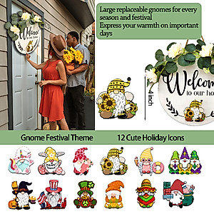 Mrocioa Welcome Sign, 14 x 14 inches, Decorative Signage with Interchangeable Gnome Icons, Seasonal Wood Wreaths Front Door Decorations, Housewarming Gift