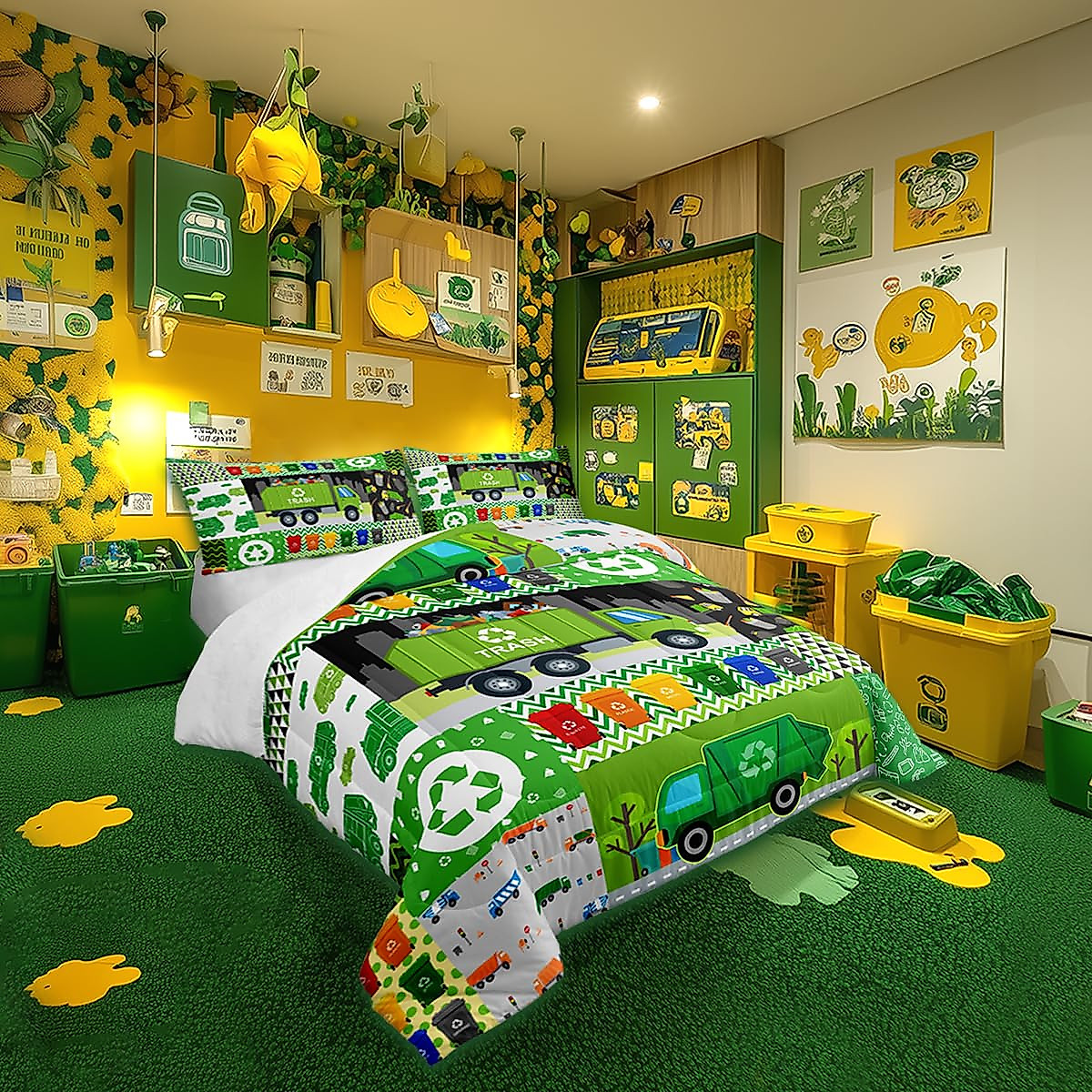 Cartoon Garbage Truck Bedding Comforter Sets Twin,Colorful Trash Can Cute Green Cars Trees Bedding Set for Bedroom,Watercolor Abstract Stripes Geometric Art with 1 Comforter and 1 Pillowcase