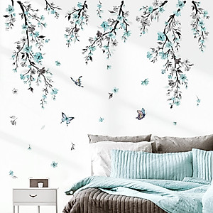 wondever Watercolor Flower Vine Wall Stickers Blue Hanging Floral Tree Branch Wall Art Decals for Living Room Bedroom TV Wall
