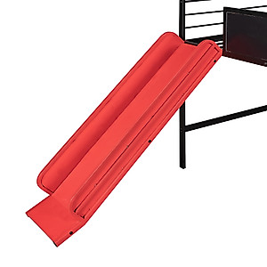 Twin House Loft Beds with Slide & Chalkboard, Low Loft Bed Twin Size, Metal House Bed with Guardrail and Ladder, Metal Twin Size Loft Bed for Kids Teens Girls Boys (Twin, Black + Red)