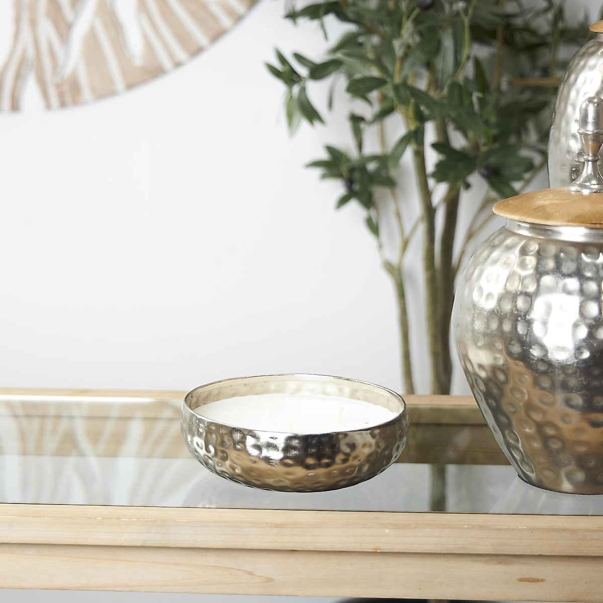 Deco 79 Metal Decorative Candle White Sage Scented Hammered 20 oz 3 Wick Aromatherapy Candle with White Wax, Wax Aromatherapy Candle 7" x 7" x 2", Silver