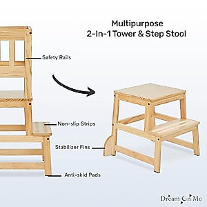 Dream On Me 2-in-1 Funtastic Tower and Step Stool, Easy to Assemble, Multi-Purpose Stool with Non-Toxic Paint Finish, Made of Solid Pinewood, Natural