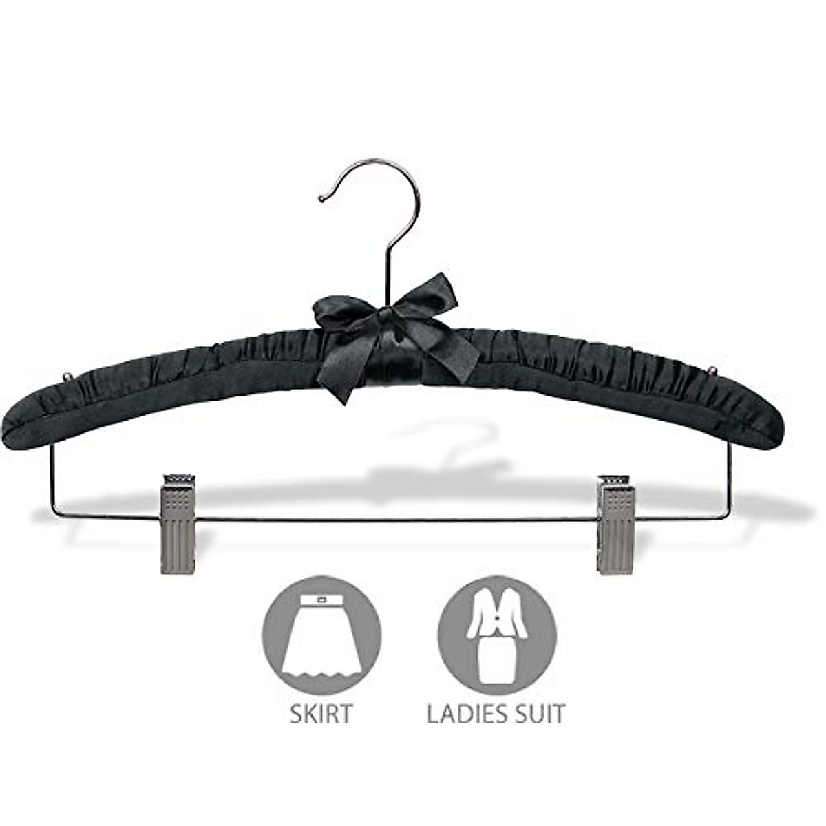 Black Satin Padded Combo Hanger with Clips in 16" Length X 1" Thick with Chrome Hardware, Box of 12