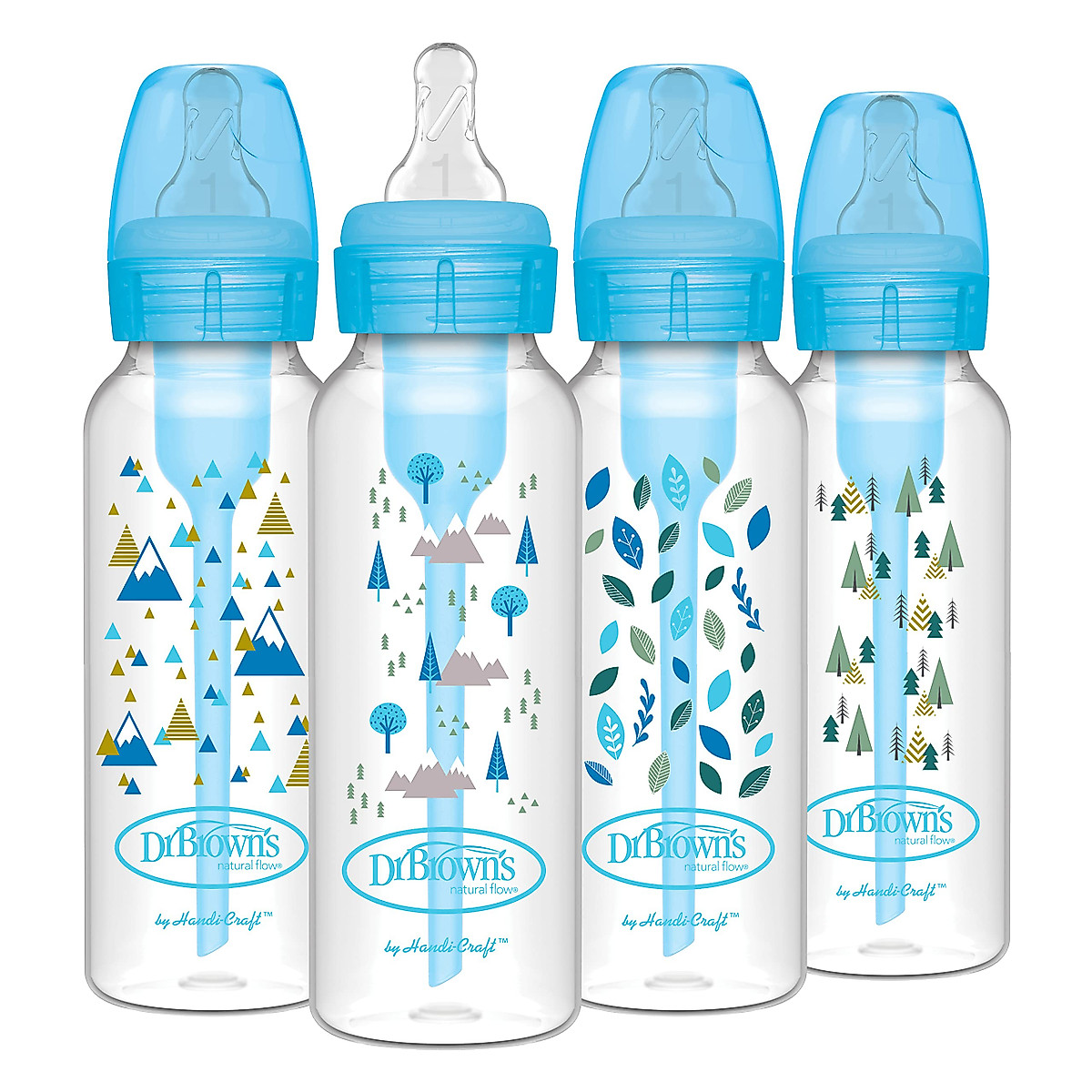 Dr. Brown's Natural Flow Anti-Colic Options+ Narrow Baby Bottle, Blue Nature, 8 oz/250 mL, with Level 1 Slow Flow Nipples, 0m+, 4 count (Pack of 1)