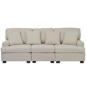 kevinplus 88.5'' Modern Sectional Sofa Couch for Living Room, Contemporary Comfortable 3-Seat Sofa with 4 Pillows for Apartment Office and Small Space, Linen Fabric, Cream White