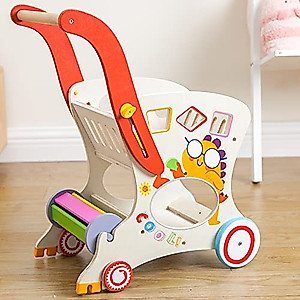 Kids Shopping Cart Wooden Baby Walker Baby Push Learning Walker for Kids Adjustable Handle Height