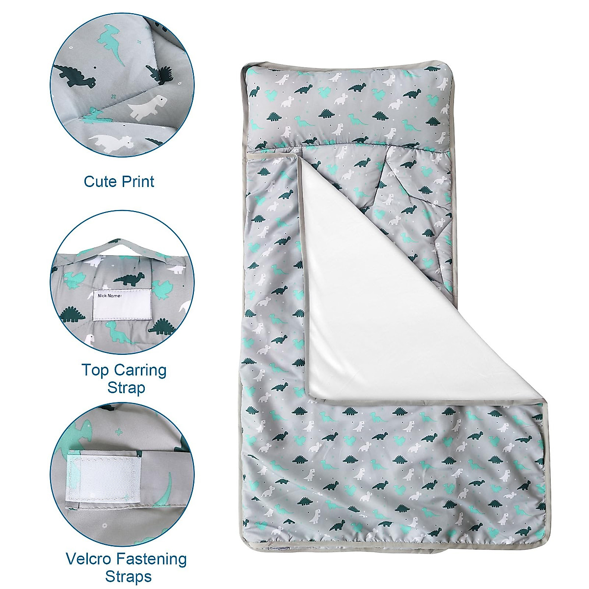 Toddler Nap Mat with Pillow and Blanket 50" x 21" x 1.5", Nap Mat for Boys Girls Super Soft and Cozy, Kids Sleeping Bag for Preschool, Daycare, Toddler Sleeping Bag, Grey Dinosaur