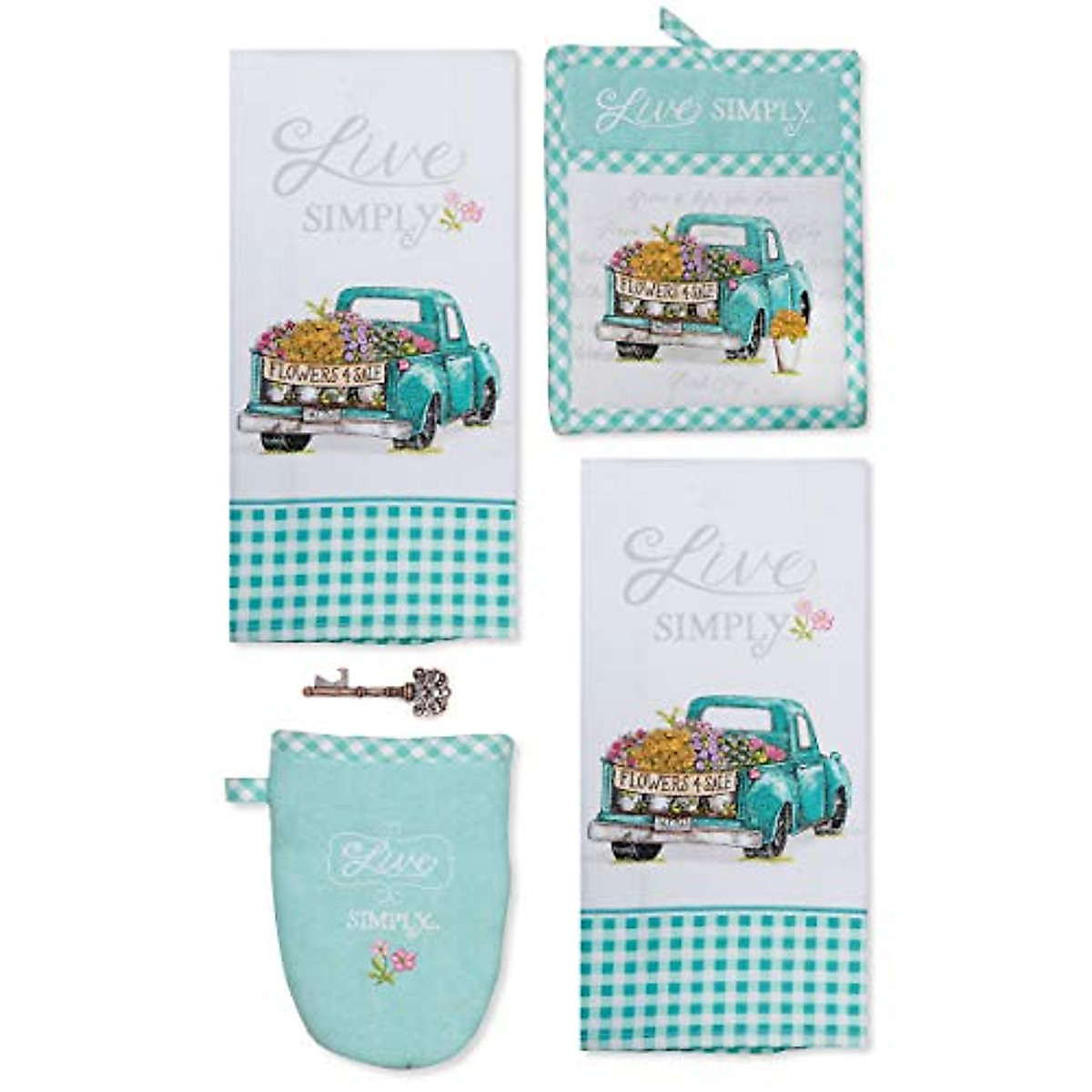 Kay Dee Designs Flower Truck Teal Blue Live Simply Kitchen Terry Towels, Potholder, Oven Mitt and Rustic Bottle Opener Set of 5