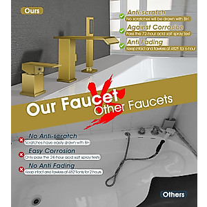 Modern Roman Tub Faucet with Hand Shower, Deck Mount Tub Filler Bathtub Faucet with Sprayer, Single Handle Bathtub Faucet Set, Widespread 3 Hole Bathtub Faucet (Brushed gold-Wide Spout)