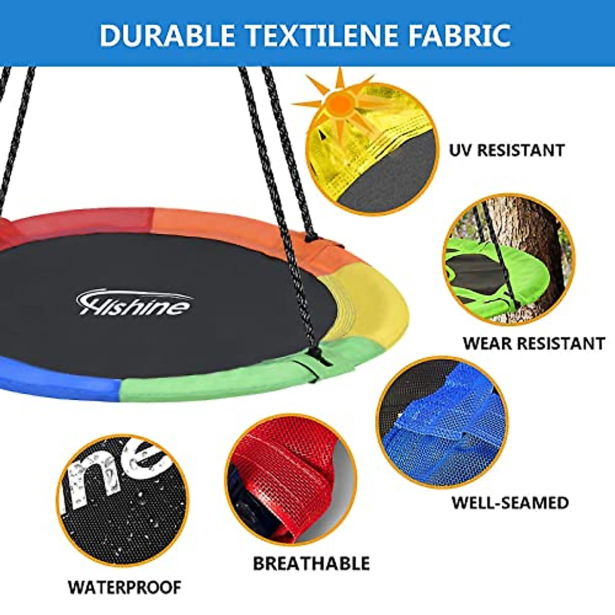 Hishine 43" Saucer Tree Swing for Kids, 360° Rotate Waterproof Flying Saucer Swing with Swivel, Hanging Straps, Adjustable Ropes, Round Mat Spinner Swing for Tree/Swing Set (Rainbow)