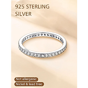 FindChic Sterling Silver Wedding Band Rings for Women, Thin CZ Stackable Eternity Ring, Fake Diamond Ring Size 7 Bling Jewelry