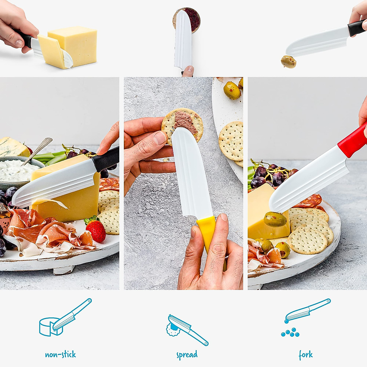 Dreamfarm Knibble Lite 3-in-1 Non-Stick Cheese Knife for Charcuterie, Slicing, Spreading, with Built-in Fork to Serve & Share Foods - 9" Black