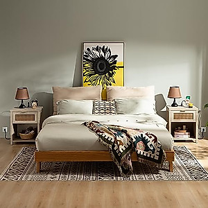 Bacyion Nightstands Set of 2 with Charging Station - Farmhouse Wood Night Stand with Drawer and Storage Shelf, Accent Bedside Table with USB Ports & Outlets, Boho End Table Side Table for Bedroom