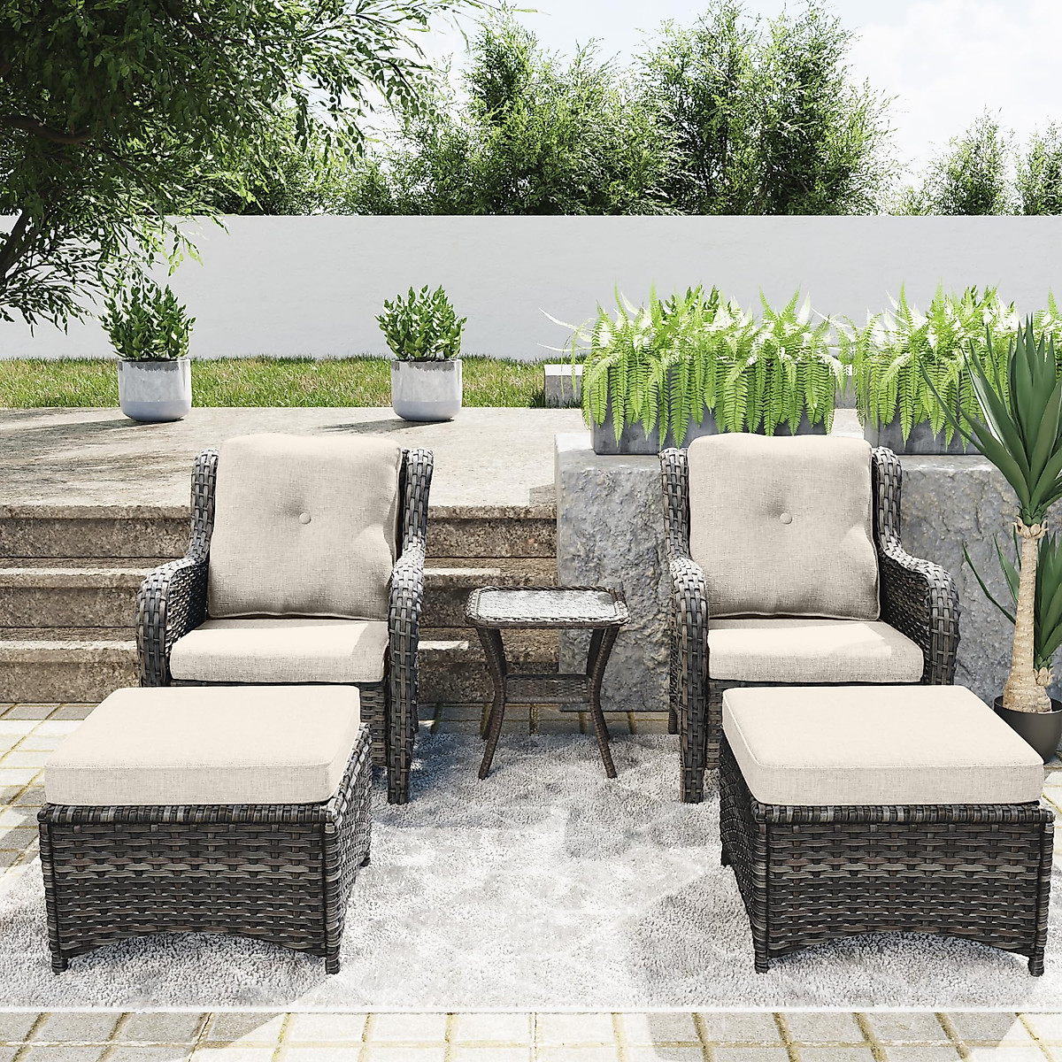 Gardenbee 5 Pieces Patio Conversation Set, Two Wicker Chairs, A Side Table and Two Ottomans with 3.5-inch Seat Cushions for Backyard, Balcony and Deck, Beige