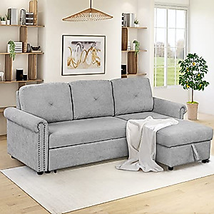 ERYE L-Shaped Pull Out Sleeper Couch Bed Velvet Tufted Upholstered Convertible Reversible Sleep Sectional Sofa with PullOut Sofabed for Living Room