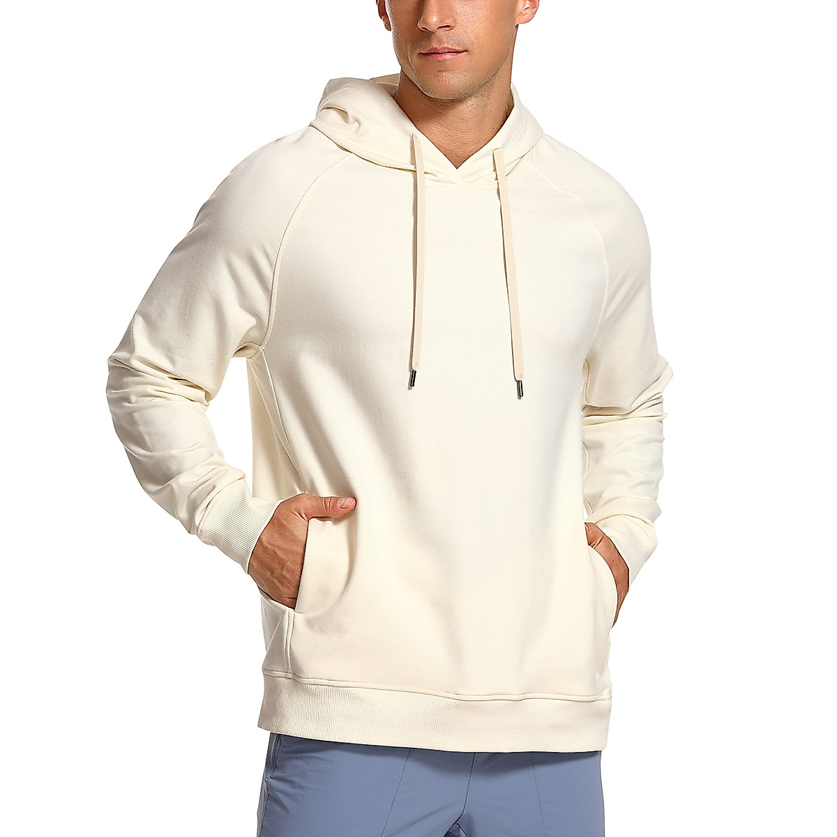 CRZ YOGA Hoodies for Men French Terry Hooded Sweatshirts Workout Athletic Casual Pullover Tops with Pocket White Apricot Medium