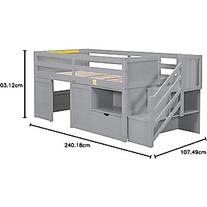 Okak Twin Size Low Loft Bed with Playhouse Loft Bed Frame with Drawer, Shelf,Stairs and Safety Guardrail for Teens, Girls or Boys Loft, Strong Wood Slats Support,Gray