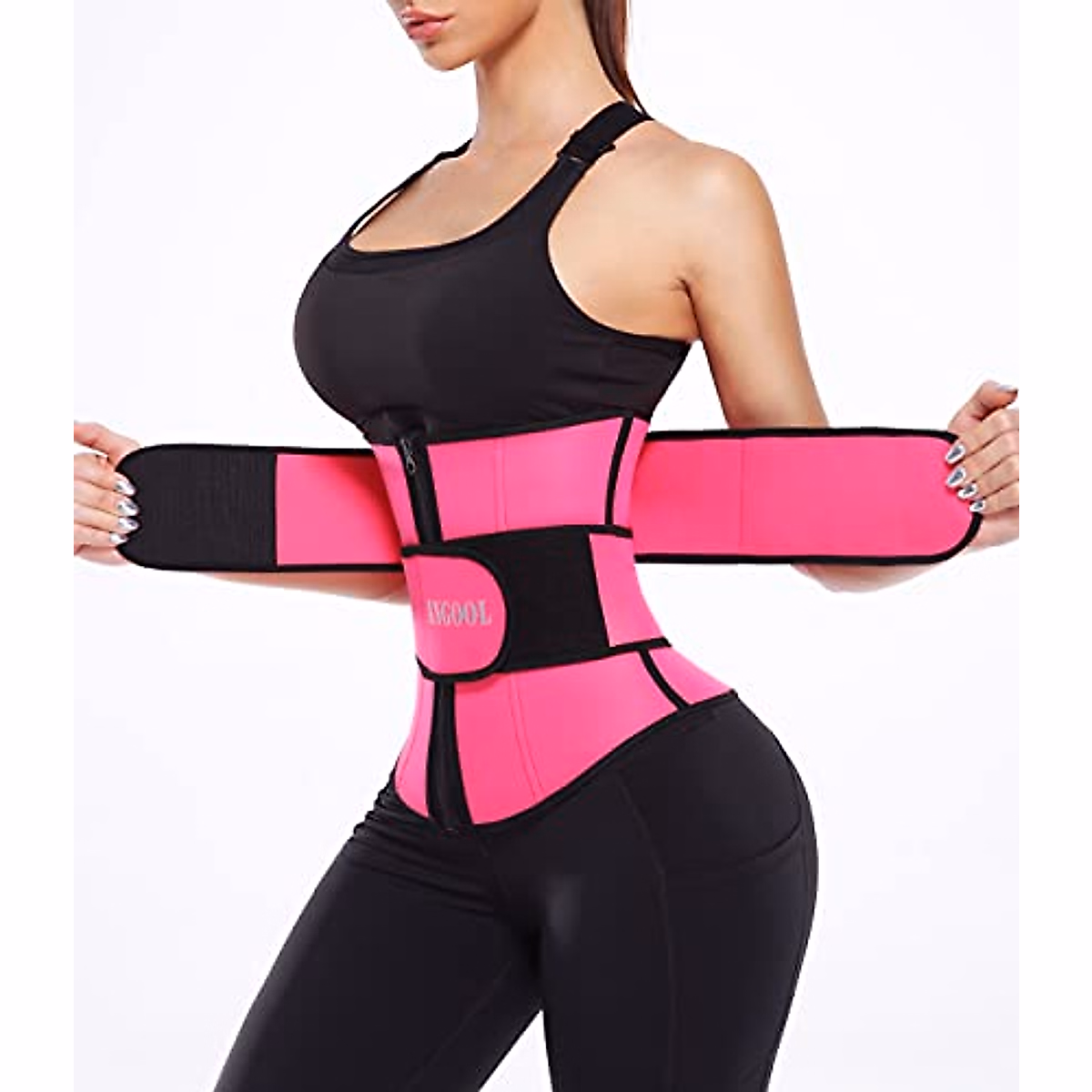ANGOOL Neopren Waist Trainer for Women,Workout Plus Size Trimmer Belt Sauna Sweat Corset Cincher with Zipper L Pink